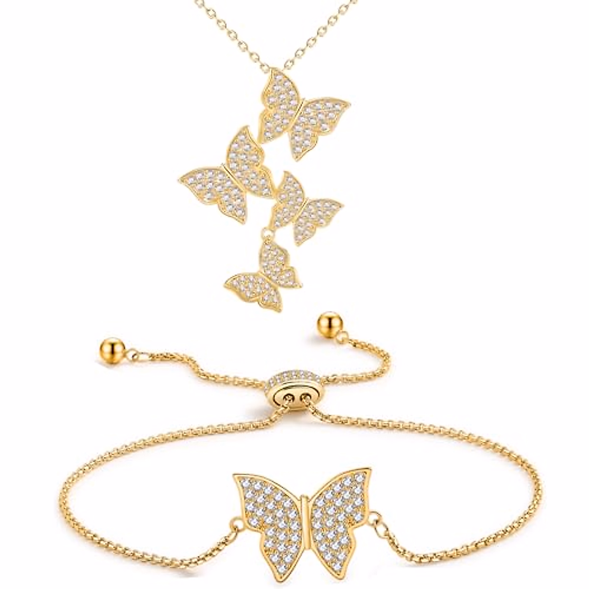 MAARRING Butterfly Jewelry Set - 14K Gold Plated Dainty Butterfly Necklace Bracelet Set with Cubic Zirconia, Birthday Bar Mitzvah Gifts for Women (Gold)