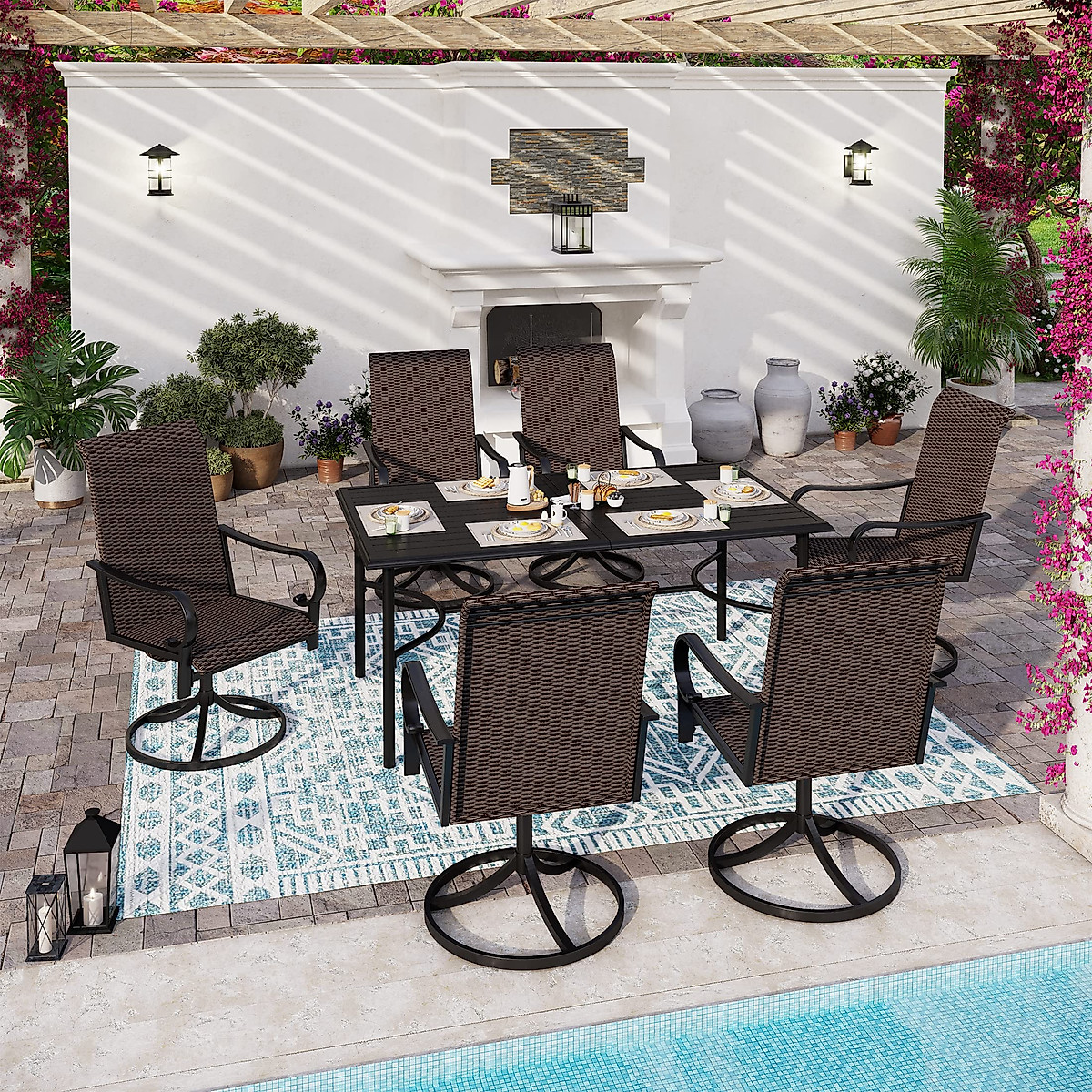 SUNSHINE VALLEY Outdoor Dining Sets,Wicker Swivel Chairs for 6,66.9" x 38" x29.1" Rectangular Outdoor Dining Table with Rounded Support,Patio Rattan Dining Sets for Outdoor Kitchen Lawn Garden,Deck