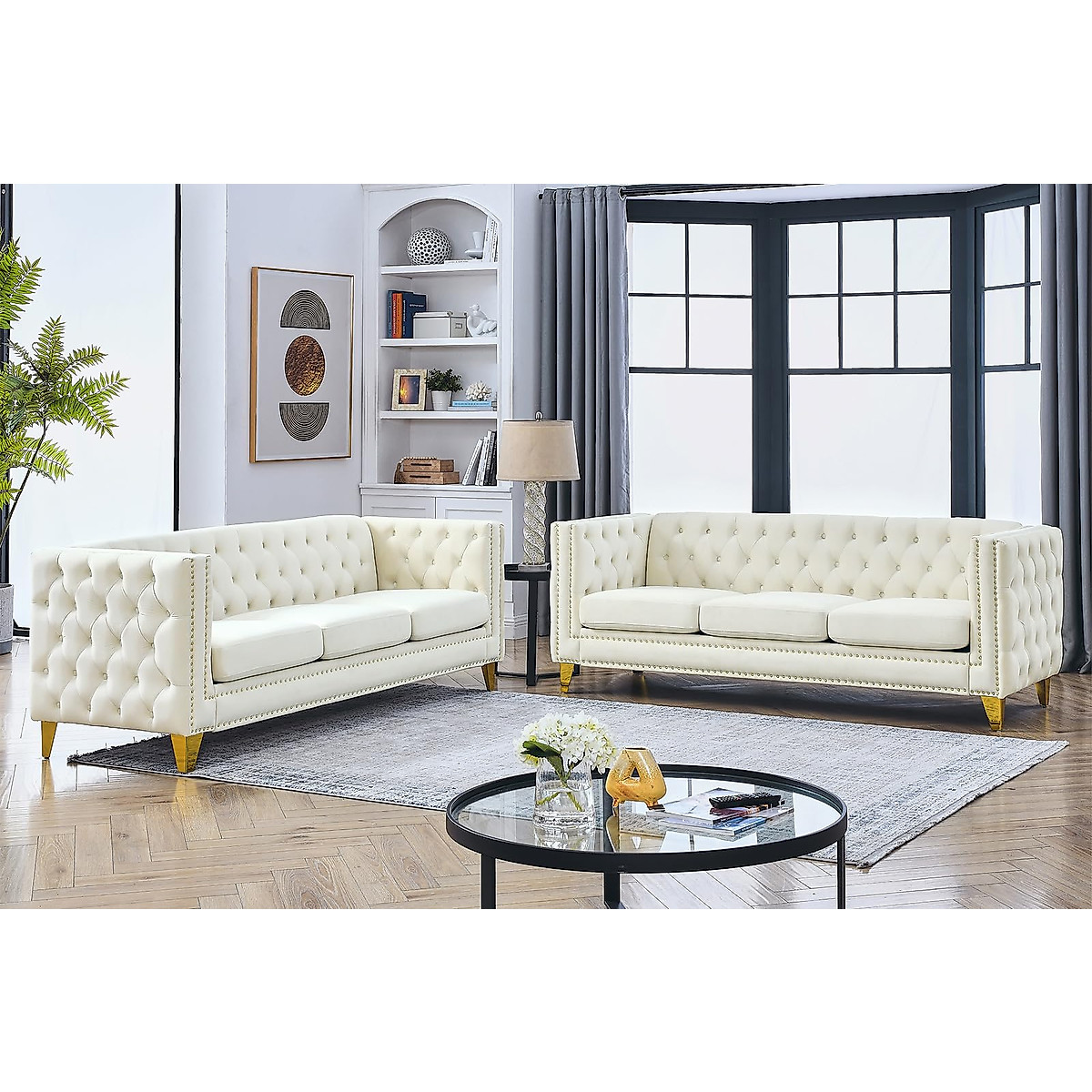 Antetek Comfy Upholstered Couches for Living Room, 80-inch Modern Button Tufted 3-Seater Sofa w/Square Arm, 4 Golden Metal Legs and Gold Nail Heads for Living Room, Office, Apartment, Beige