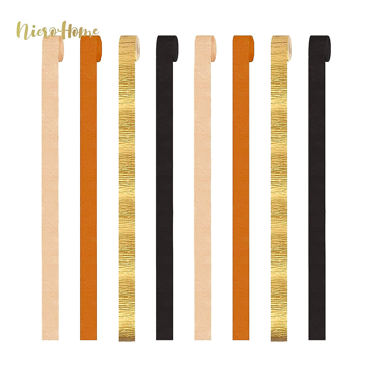 NICROHOME Thanksgiving Party Decorations, 8 Rolls Gold Orange Crepe Paper Streamers, Black Tassels Paper for Retro Parties, Birthday, Harvest Party Supplies, Fall Wedding Party Decorations