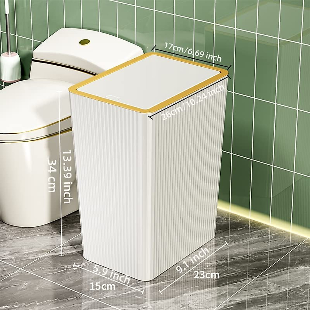 IEEK 2 Pack of Trash Can with Lid,4 Gallons/15 Liters Garbage Can with Press Top Lid Plastic Dog Proof Trash Bin,Waste Basket for Bathroom/Kitchen/Bedroom/Office/Living Room,White and Gold