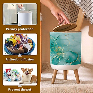 PHAIBHKERP Trash Can with Lid Pastel Cyan Mint Liquid Marble Watercolor Gold Lines Brush Garbage Can Round Waste Bin Press Cover Dog Proof Wastebasket for Kitchen Bathroom Living Room Nursery 1.8gal