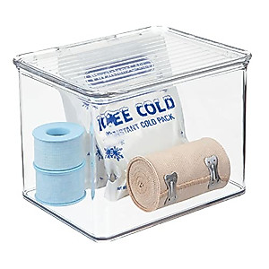 mDesign Plastic Bathroom Storage Organizer Box with Hinge Lid for Closet, Shelf, Cupboard, or Vanity, Hold Medicine, Soap, Lotion, Cotton Swabs, Masks, Styling Tools, Lumiere Collection, 2 Pack, Clear