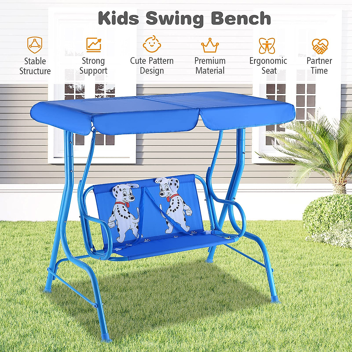 HONEY JOY Kids Patio Swing, 2-Seater Outdoor Porch Swing Lounge Chair W/Canopy & Safety Belt, All Weather Resistant Waterproof Hanging Swing Bench for Patio Garden Poolside Balcony(Blue Puppy)