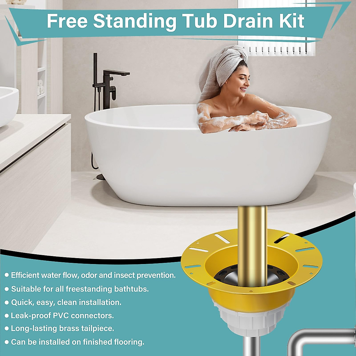 Drain for Freestanding Bathtub, Durable Free Standing Tub Drain Kit, Easy Installation, Leak-Proof, Free Standing Bathtub Drains with ABS Adapter-Compatible with Freestanding/Floor Mounted Bathtub