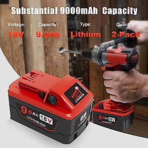 Komifolen 2 Pack 9.0Ah 18V Battery and Charger Replacement for Milwaukee M18 Batteries 48-11-1880 48-11-1860 48-11-1850 48-11-1828,2024 New Version High Demand
