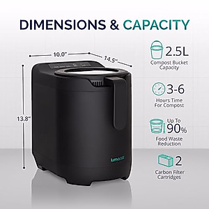 Luma Electric Kitchen Composter, 2.5L Capacity Odorless Countertop Compost Bin with Lid Clear-View Window, Smart Trash Can for Food Disposal, Turn Food Waste into Nutrient-Rich Plant Food