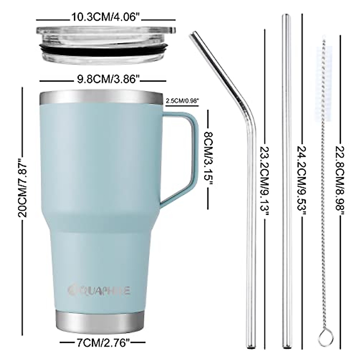 AQUAPHILE 30oz Stainless Steel Insulated Coffee Mug with Handle, Double Walled Vacuum Travel Cup with Lid & Straw, Reusable Thermal Coffee Cup, Portable Coffee Tumbler, for Hot&Cold Drinks(Light Blue)