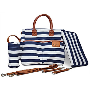 Designer Canvas Stylish Diaper Bag - With 2 Bonus Items: Changing Pad + Bottle Holder