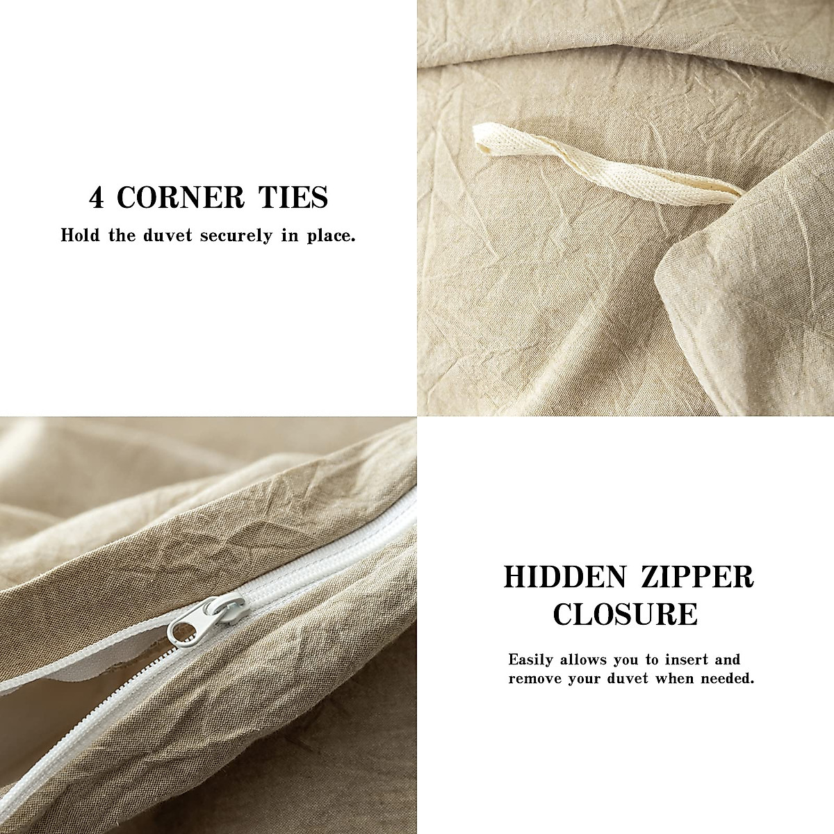 TIPTOE BEAR King Duvet Cover Set- 100% Washed Cotton 3 Pcs Soft Comfy Breathable Chic Linen Feel Bedding, 1 Duvet Cover and 2 Pillow Shams, Beige