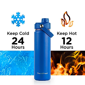ThermoProof Hot & Cold Insulated Stainless Steel Water Bottle, Durable Leak Proof Gym Bottles for Men, Women & Kids, Double Walled Vacuum Bottles - 2 Lids (Blue, 22oz)