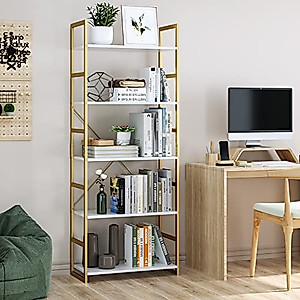 finetones 5 Tier Bookshelf, Industrial Gold Bookcase with Metal Frame, Modern Display Shelves Plant Flower Stand Rack for Bedroom Living Room Home Office, White and Gold