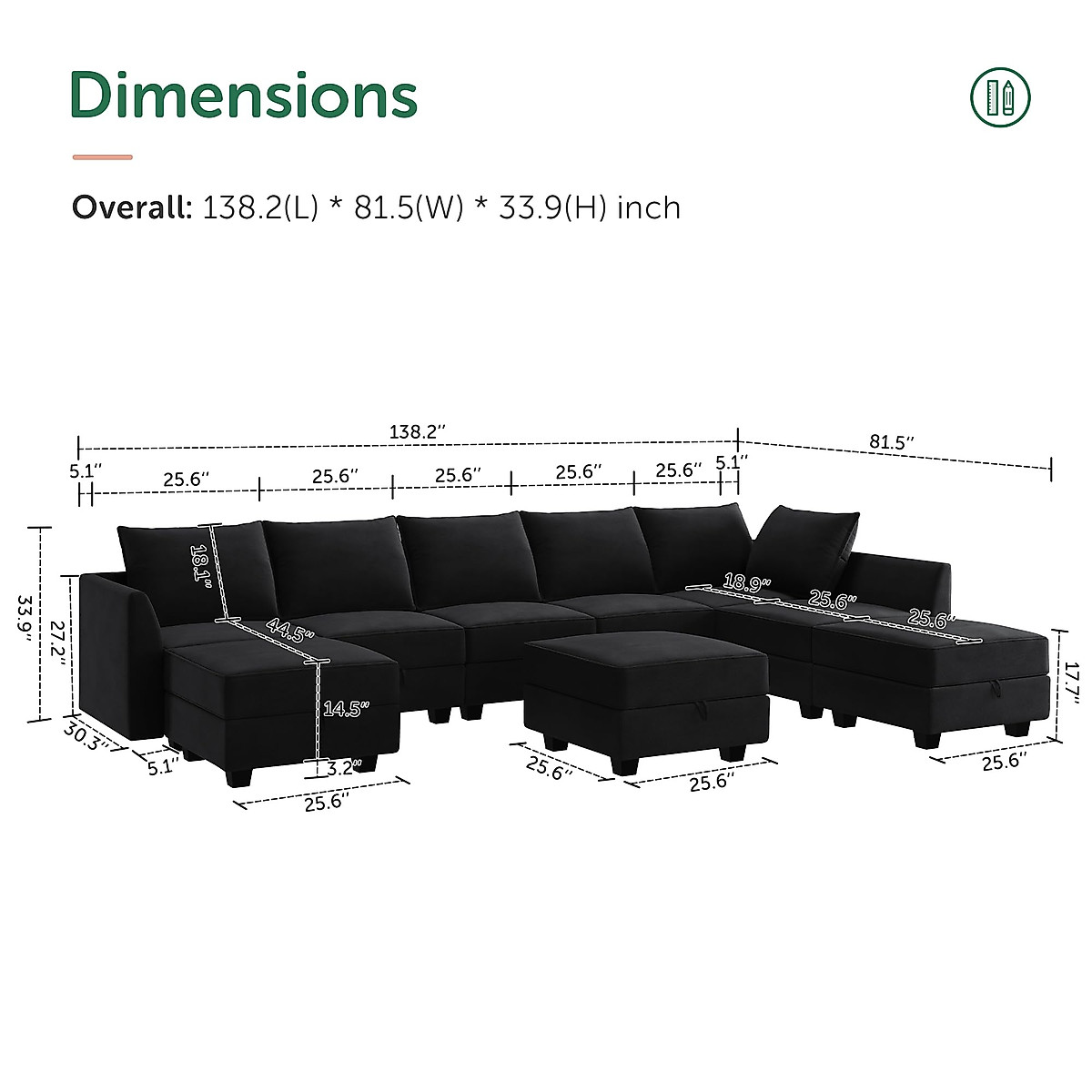 HONBAY Modular Sectional Sofa Set Oversized U Shaped Couch with Storage Ottoman Convertible Sleeper Sectional Sofa Velvet Modular Couch with Wide Chaise, Black