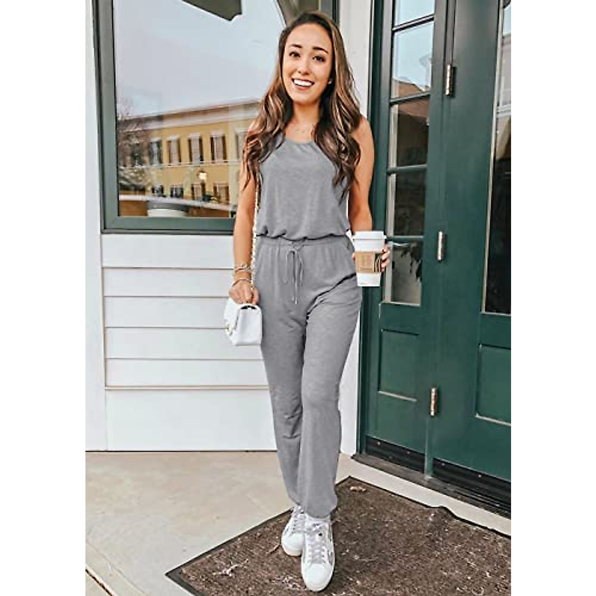 PRETTYGARDEN Women's Two Piece Outfit Sleeveless Crewneck Tops with Sweatpants Active Tracksuit Lounge Wear (Light Grey,Medium)