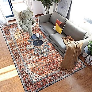 Indoor Ultra-Thin Washable Vintage Area Rug,5.2' x 6.6' Area Rug for Living Room, Bedroom,Office,Floor Carpet for Kids Nursery Room, Printed Persian Vintage Home Decor, Floor Decoration Carpet Mat
