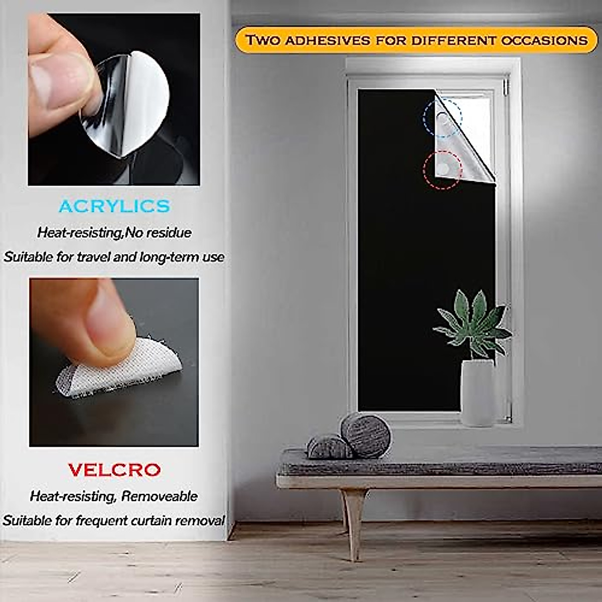 Portable Blackout Curtains, Blackout Shades with 30 Pairs of Velcro and 15 Pieces of Invisible Adhesive,100% Blackout Material Blackout Blinds for Baby Nursery, Bedroom or Travel Use(79" x 57")