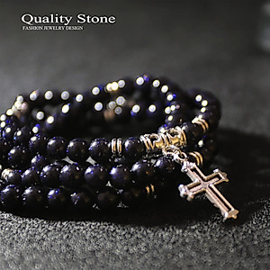 KS-WORKSHOP 108 Beads 6MM Wrap Bracelet for Women Handmade Stretch Long Chain Quality Stone Black Blue Sandstone Beaded Girls Charm Christ Pendant Semi-Precious Perfect Valentine's Gift Birthday