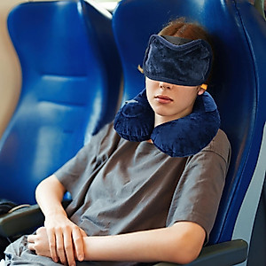 Self-Inflatable Travel Pillow with Eye Mask Earplugs Compact Bag, Inflatable Neck Pillow Support for Sleeping and Traveling, Airplane Pillow for Long Flight, Neck Cushion for Car Home Office Train