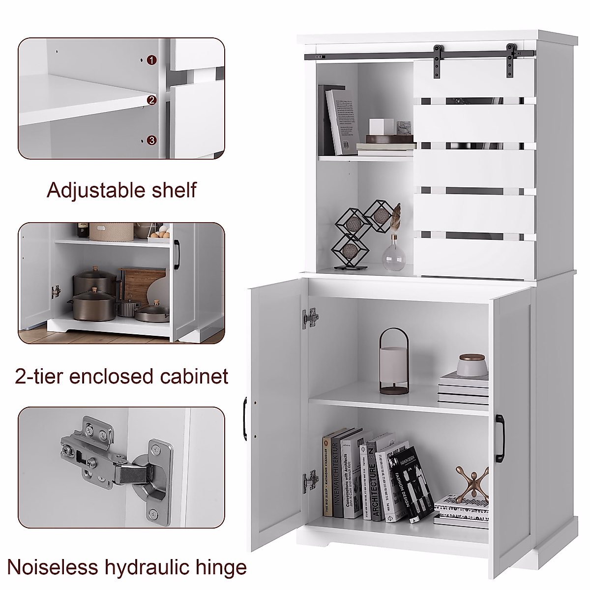 BOTLOG Tall Kitchen Pantry, Large Wood Storage Cabinet with Sliding Barn Door and Adjustable Shelves, Tall Freestanding Cupboard for Dining Room, Living Room, Laundry, White