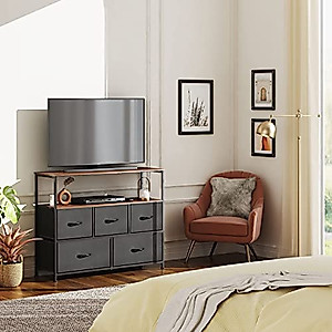 WLIVE 1-Drawer Nightstand and 5-Drawer Dresser Set, Fabric Storage Tower for Bedroom, Hallway, Nursery, Closets, Tall Chest Organizer Unit with Textured Print Fabric Bins, Steel Frame