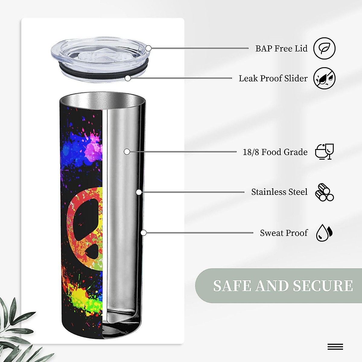 Mount Hour Rainbow Peace Stainless Steel Insulated Tumbler 20 OZ, Coffee Mug Cup with Splash-Proof Lid and Straw for Car Home Office Outdoor Travel
