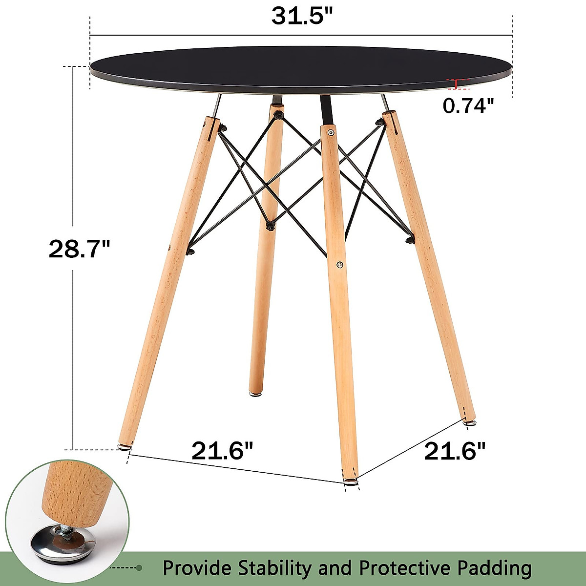 Round Dining Table Small Black Kitchen Table Mid Century Modern Circle Dining Room Table 31.5" with Wooden Legs for Small Spaces Dinner