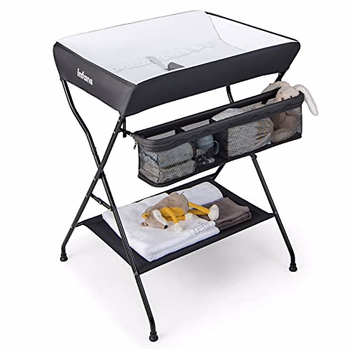 INFANS Baby Changing Table, Folding Diaper Station Portable Nursery Organizer with Safety Belt and Large Storage Racks for Newborn Baby and Infant (Black)
