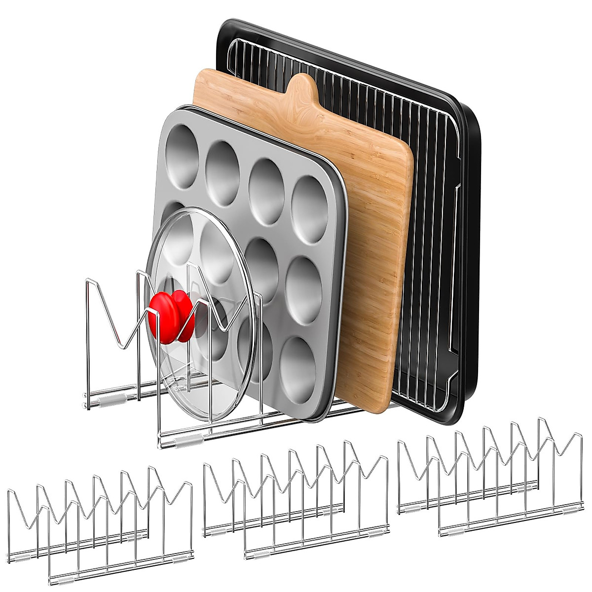 Durmmur 3 Pack Pot Lid Organizer for Cabinet, Stainless Steel Pot Lid Holder with Anti-slip Silicone Mat, Lid Rack for Pans Pots, Bakeware, Plates, Cookie Sheets, Trays, Cutting Boards