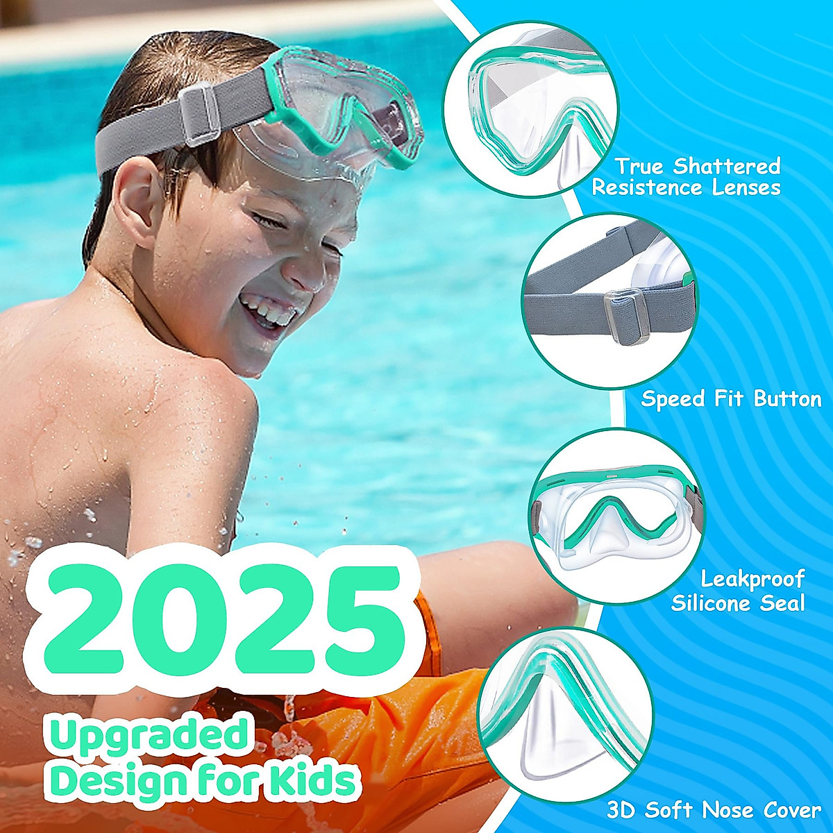 Vvinca Kids-Goggles with Nose Cover, Diving Mask Elastic Fabric Strap Anti Fog Anti Shattered Lens for Kids Swim Goggles 3-14