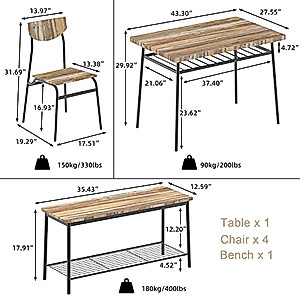 STHOUYN 6 Piece Dinning Table Set for 6, Rectangular Kitchen Table and Chairs Set, Bench, Industrial Metal Frame & Storage Rack, Dining Room, Dinette, Breakfast Nook Small Space (Brown (6 Piece))