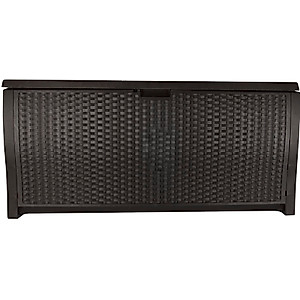 Suncast Trash Hideaway Outdoor Garbage Bin & 99 Gallon Deck Box w/ Seat, Java