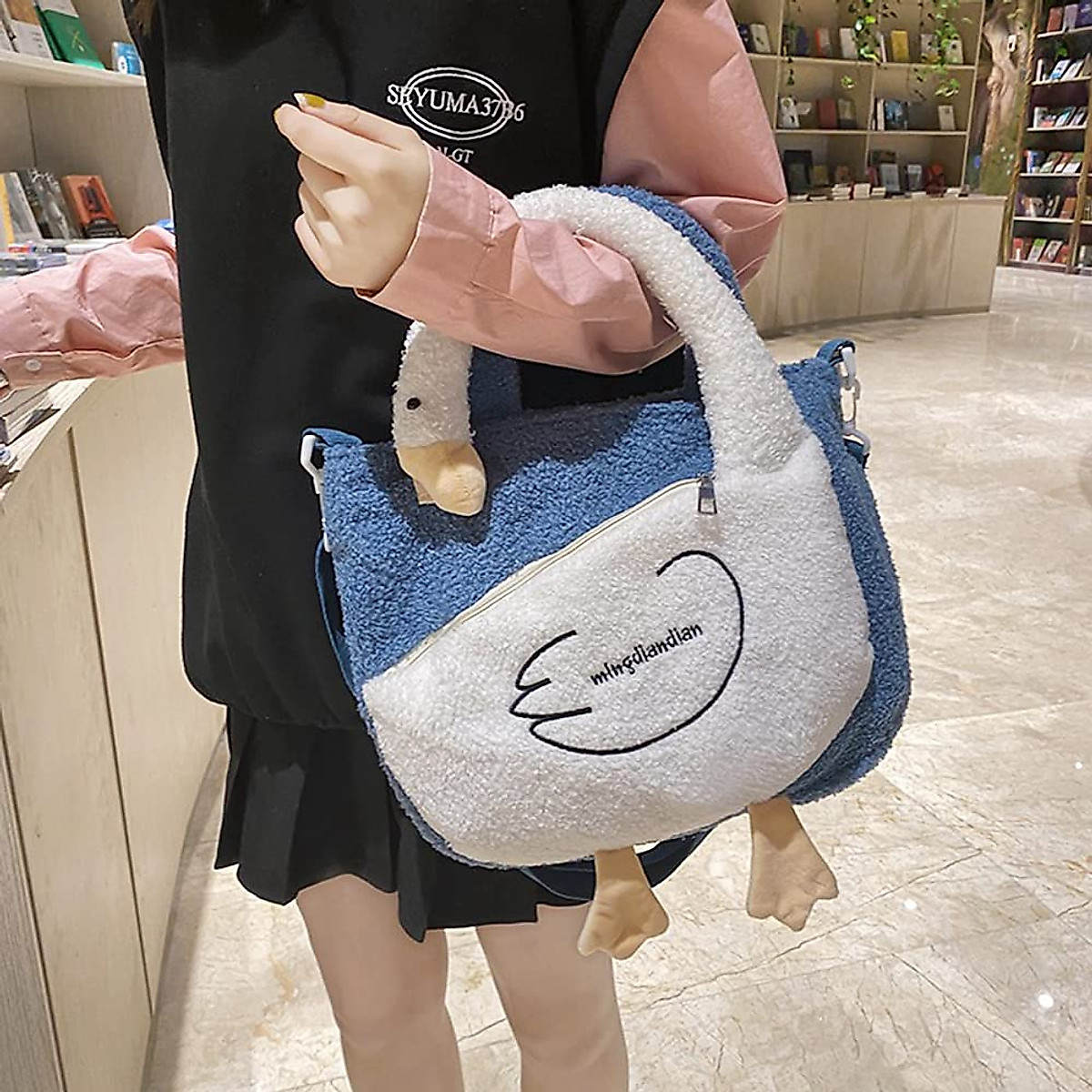 XACKWUERO Cute Plush Goose Bag Funny Cartoon Goose Purse Tote Handbag Large Capacity Crossbody Bag Novelty Purses for Women (Blue)