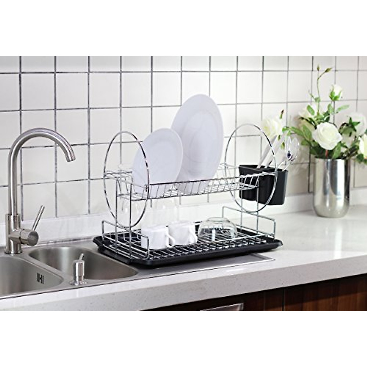 Deluxe Chrome-plated Steel 2-Tier Dish Rack with Drainboard/Cutlery Cup (BlackII)