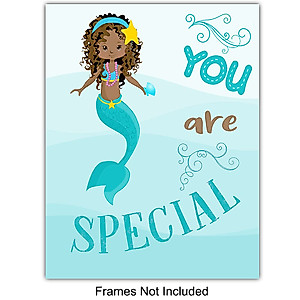 African American Girl Wall Decor - Black Art Poster Set 8x10 - Cute Mermaid Wall Decor - Toddler, Little Girls Bedroom Decor - Afro-American Gifts - Light Blue Room Decor Baby Girl Room Decorations