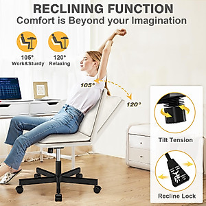 TVON Armless Office Desks Chair with Wheels and Thickened Cushion, Ergonomic Home Office Computer Chair, Comfortable Swivel Chair with Height Adjustment and Rocking Function