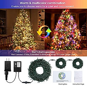 Beauhom Extentable Lightchain 300LED 98ft 8 Modes Green Wire Warm White & Multi-Colored Connectable Plug in UL Transformer Outdoor Use Christmas Tree Light Party Garden Patio Decoration