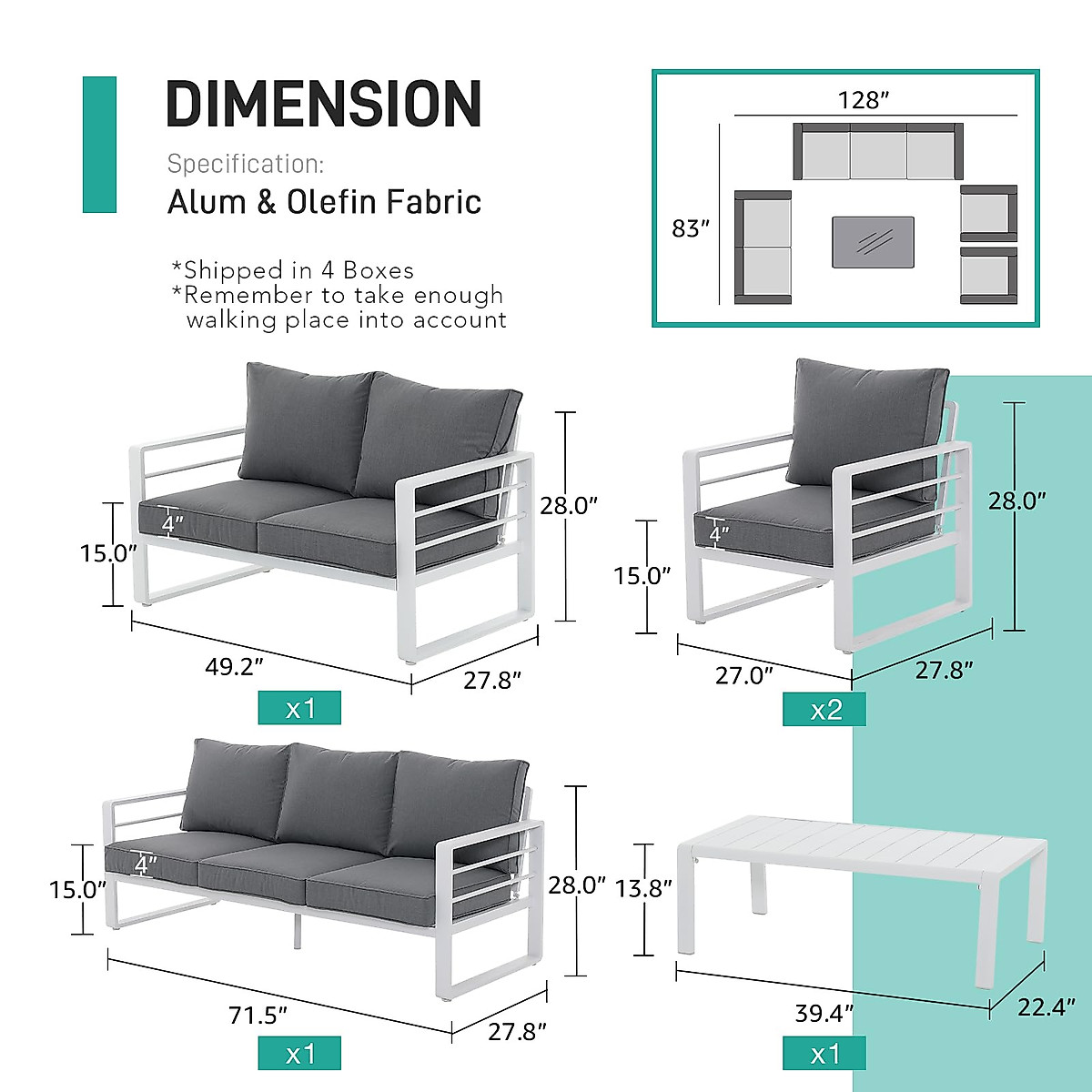 Patiorama Aluminum Patio Furniture Set, 5 PCS Modern Patio Conversation Set, All Weather White Outdoor Sectional Sofa Set w/Coffee Table, Patio Seating Set, Olefin Cushion, Garden-Grey Cushion
