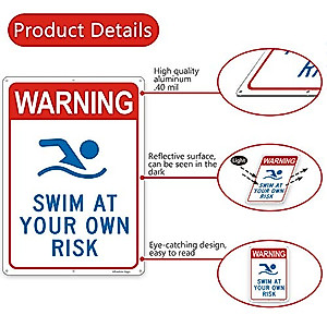 Uflashmi Warning Swim at Your Own Risk Pool Sign, Metal Pool signs for Outdoor, 10X14 in