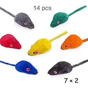 Yangbaga Fur Mice Rattle 14 Pack, Cat Toys Rainbow Mice for Cats and Kittens (14 pcs Rainbow mices)