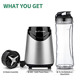 La Reveuse Smoothies Blender Personal Size 300 Watts with 18 oz BPA-Free Portable Travel Sports Bottle (Silver)