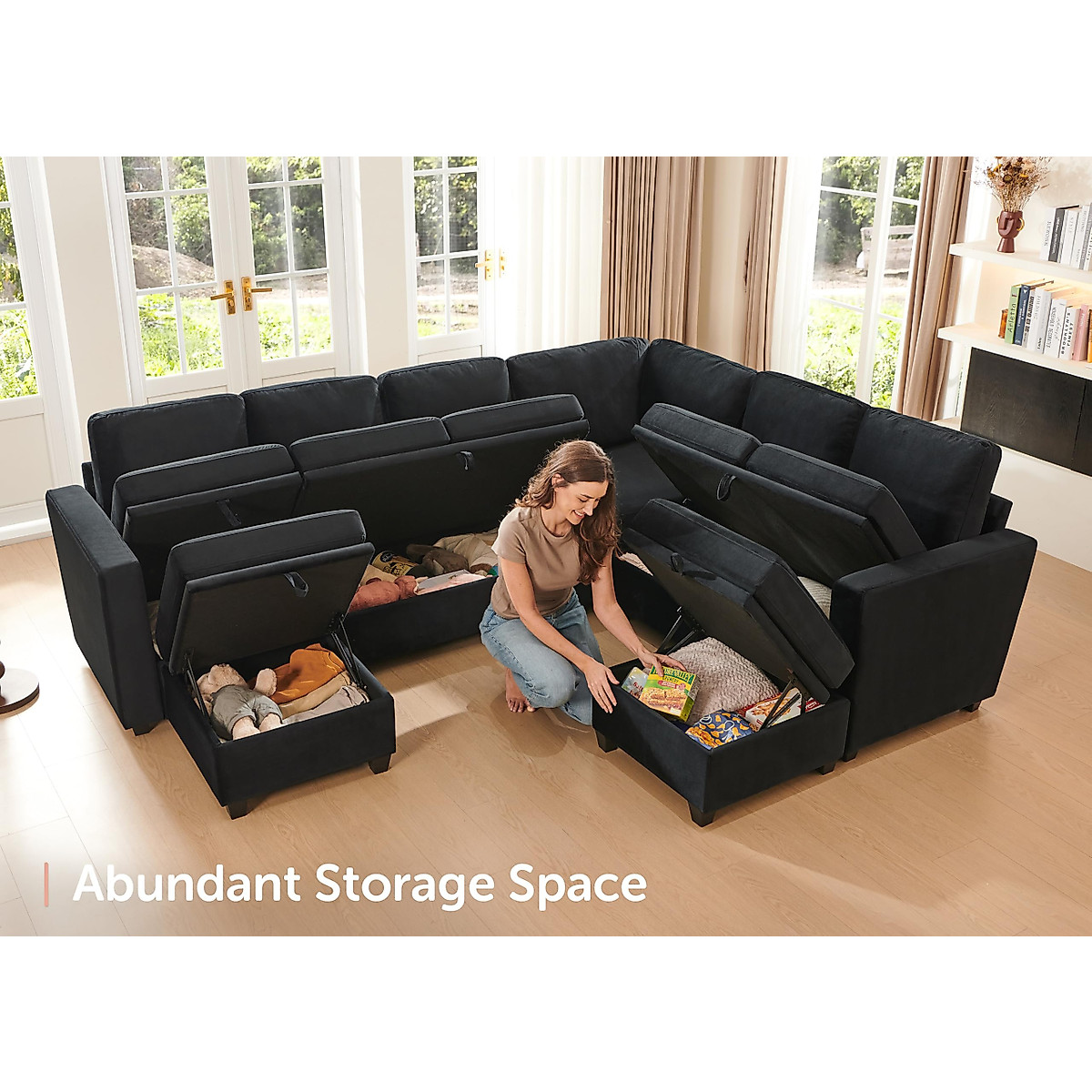 HONBAY Modular Sectional Couch with Storage, Velvet U-Shaped Sectional Sofa with Storage Ottoman Convertible U-Shaped Sofa for Living Room, Black