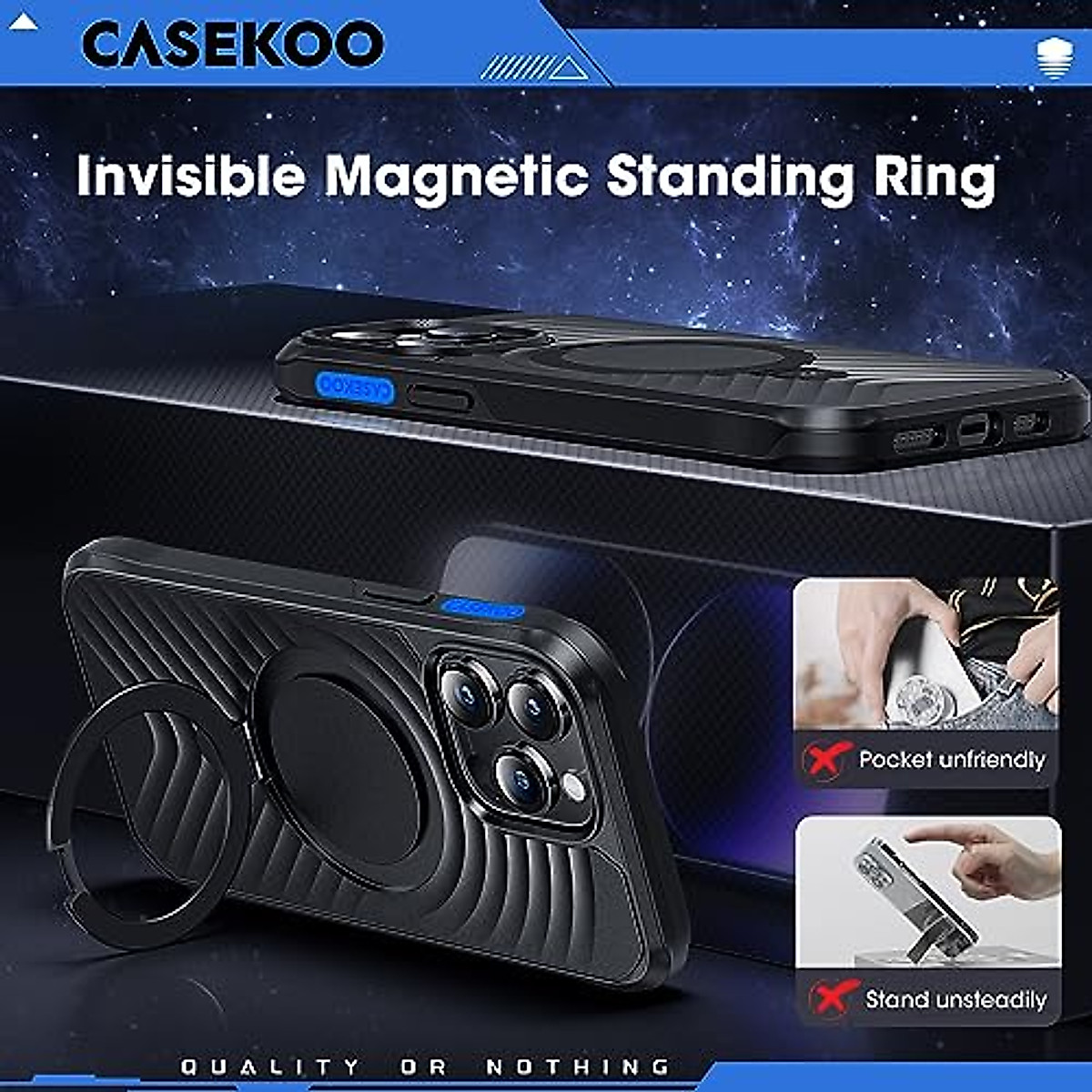 CASEKOO Magnetic Designed for iPhone 14 Pro Max Case with Invisible Stand[Military Drop Protection][Compatible with MagSafe][Anti-Scratch]3 Layers Shockproof Anti Slip Phone Case for Men 6.7Inch,Black