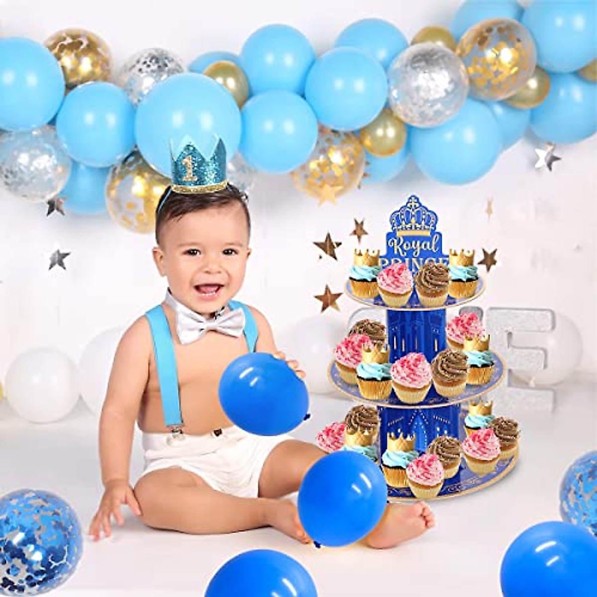 Royal Prince Party Cupcake Stand for Boys Blue 3-Tier Cake Stand Royal Prince Theme Decorations Supplies Barnyard Table Cake Holder Decorations for Baby Shower Royal Prince Birthday