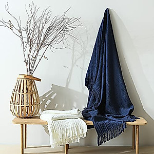 100% Cotton Throw Blanket, Waffle Woven Navy Blue Thin Decorative Blanket with Fringe, Rustic Pre-Washed Soft, Cozy, Light Weight Blanket for Couch, Travel, Farmhouse Boho Style Throw, 60'' x 80''