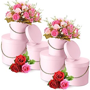 Skylety 6 Pcs Round Flower Boxes with Lids Valentine‘s Day Gift Boxes with Handle for Flowers Arrangement Assorted Sizes Nesting Gift Box for Bridesmaid, Wedding, Birthday, Baby Showers(Pink)