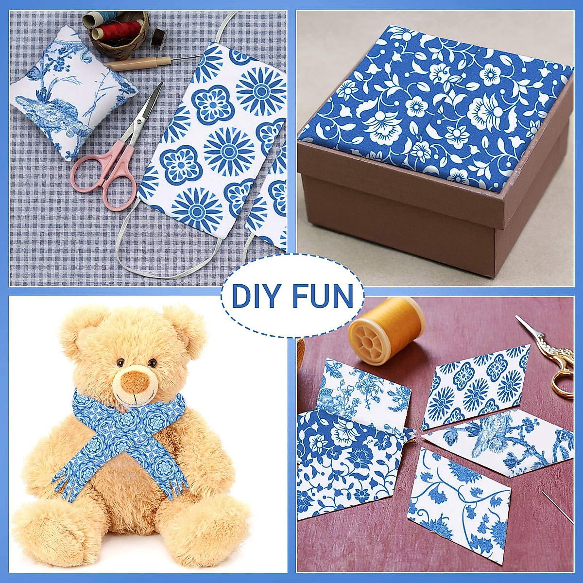 Bolsome 50Pcs Chinoiserie Jelly Polyester Fabric Roll White Blue Floral Quilting Strips Assorted Patterns Patchwork Craft Sewing Supplies for Quilters and Sewing Crafts, 39.37 × 2.55 Inch