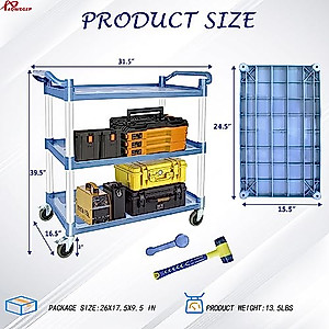 AQNIEGEP Utility Carts with Wheels Food Office Restaurant Rolling Cart 510lbs Capacity, Lockable Wheels, Rubber Hammer 16.5" x 31.5" x 39.5"