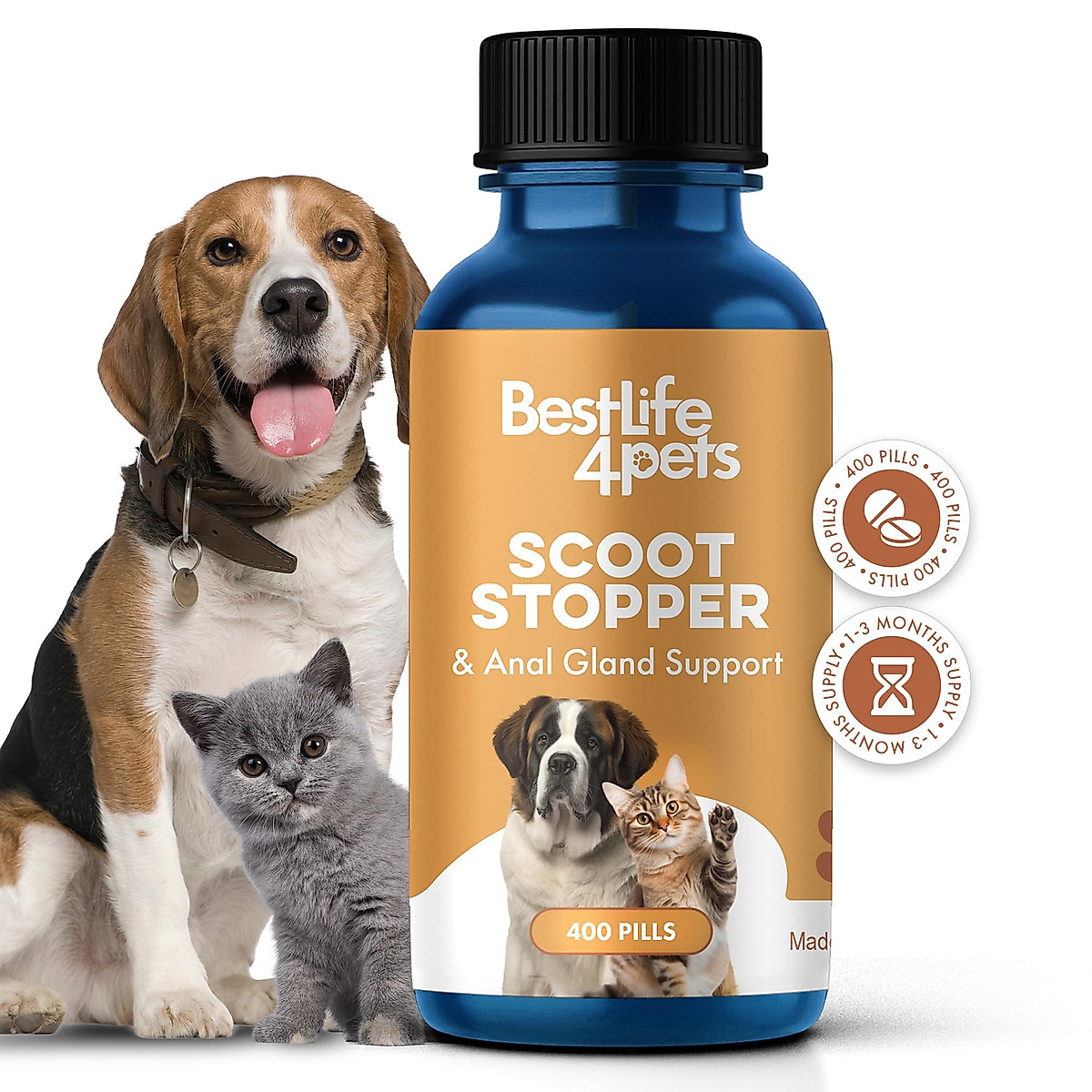 Scoot Stopper and Anal Gland Support for Dogs and Cats - 100% Natural Relief for Dog and Cat Constipation, Rectal Prolapse, Itching, Inflammation, Bum Scooting and Difficult Pooping - 400 Small Pills