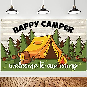 Roetyce Camping Themed Party Decorations Happy Camper Banner Backdrop 5.9 x 3.6 Ft, Outdoor/Indoor Family Camp Gatherings Decor Forest Campfire Photo Background Camping Birthday Party Supplies