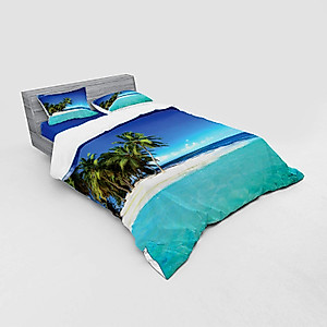 Ambesonne Ocean Duvet Cover Set, Seaside View Tropical Island Coast Jungle Nature Landscape Picture, 4 Piece Bedding Set with Shams and Fitted Sheet, California King, Royal Blue Turquoise